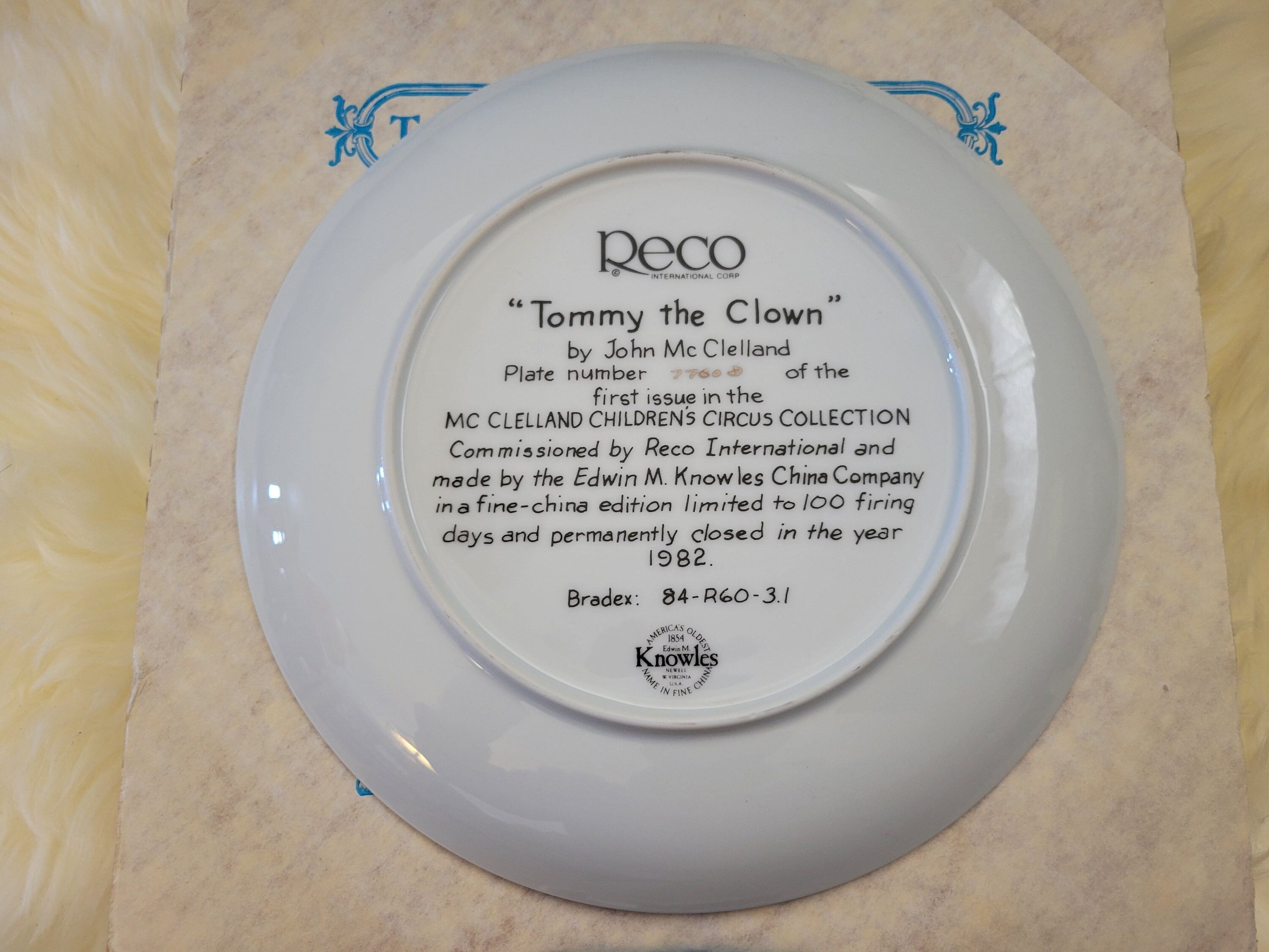 Collector Plate tommy the Clown 1982 From Mc Clelland Children's Circus ...