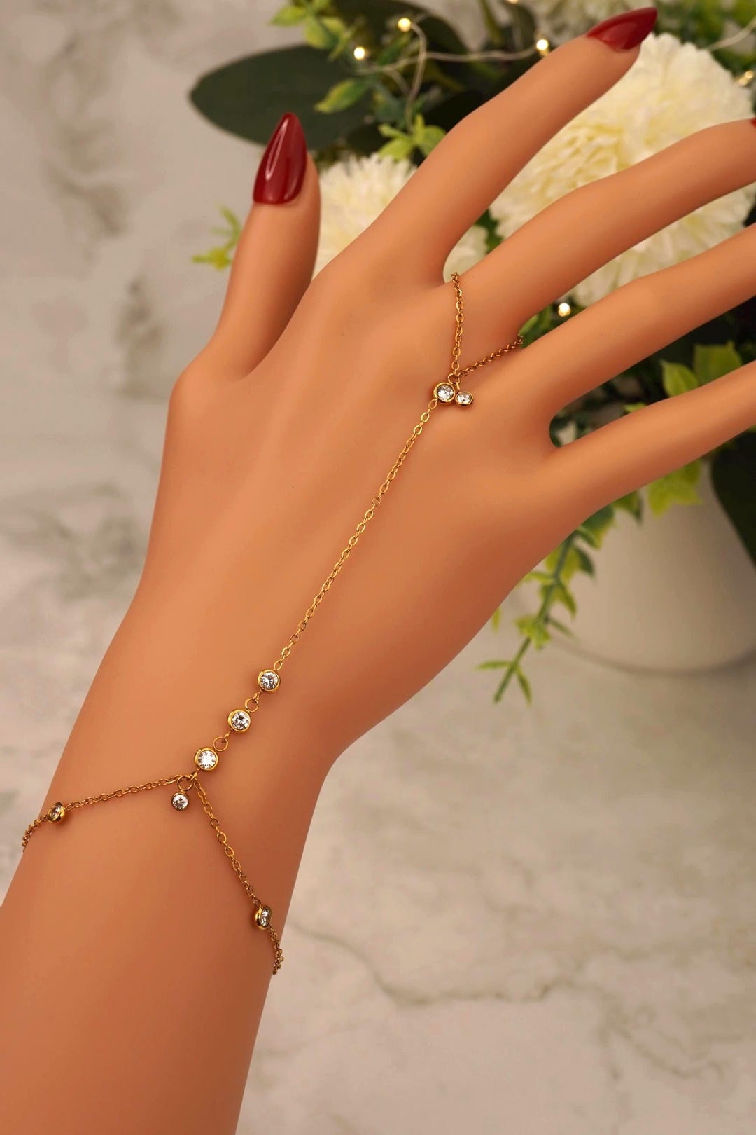 14K Gold Plated Stainless Steel Gold Hand Chain With Zircon Bracelet ...