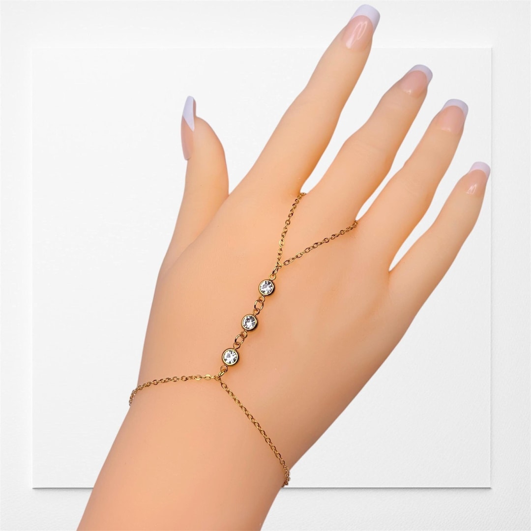 Rhinestone Gold Hand Chain Bracelet Ring Adjustable Gold Stainless ...