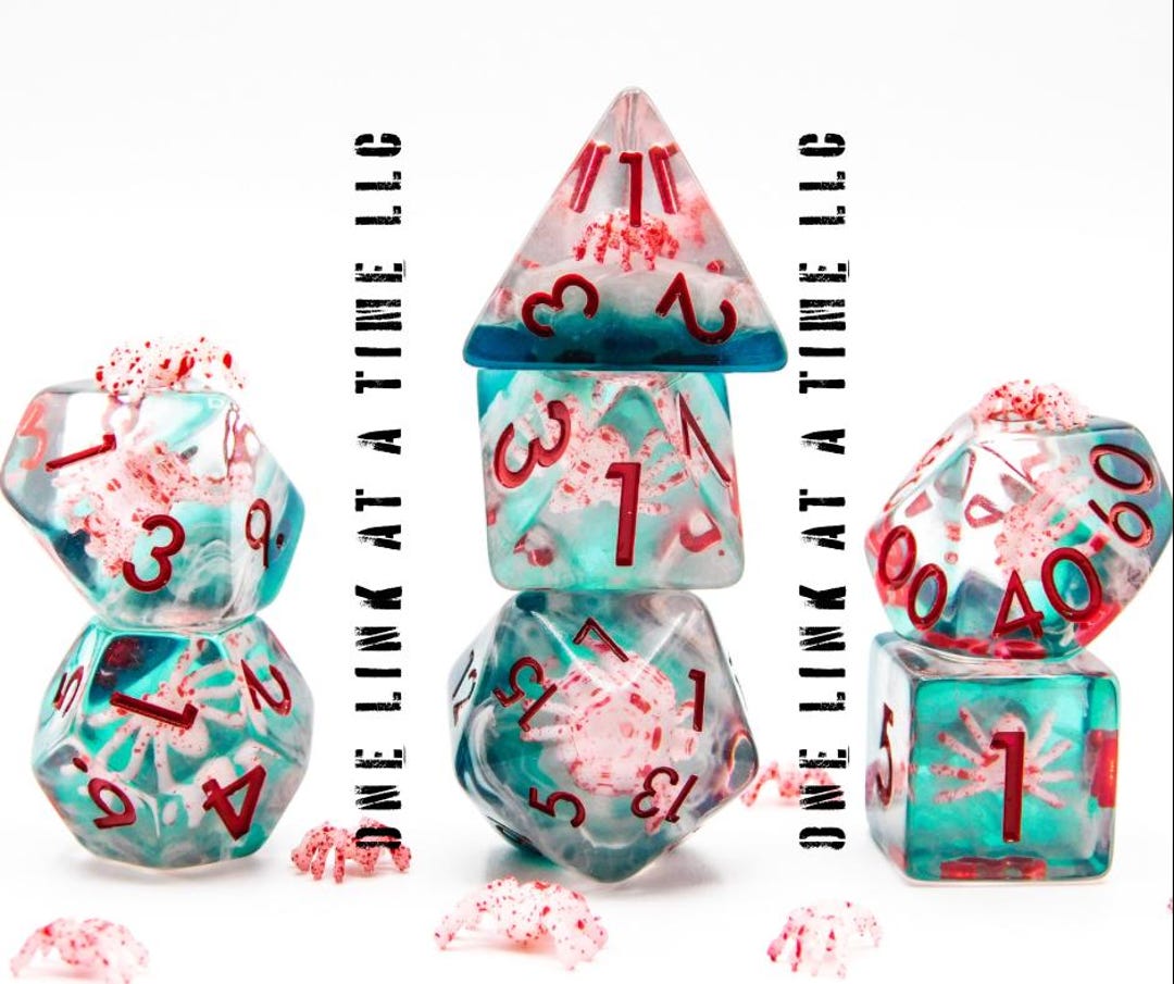 White Spider With Blood Splatter With Teal Base 7pc Set of Resin Dice ...