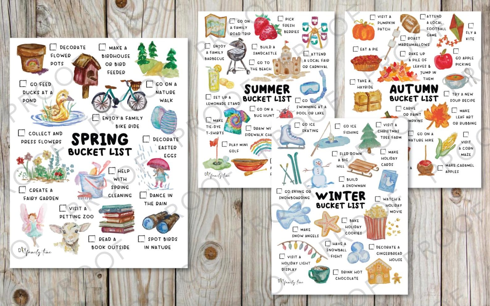Seasonal Kids' Bucket List – Hand-painted Watercolor Icons for Spring ...