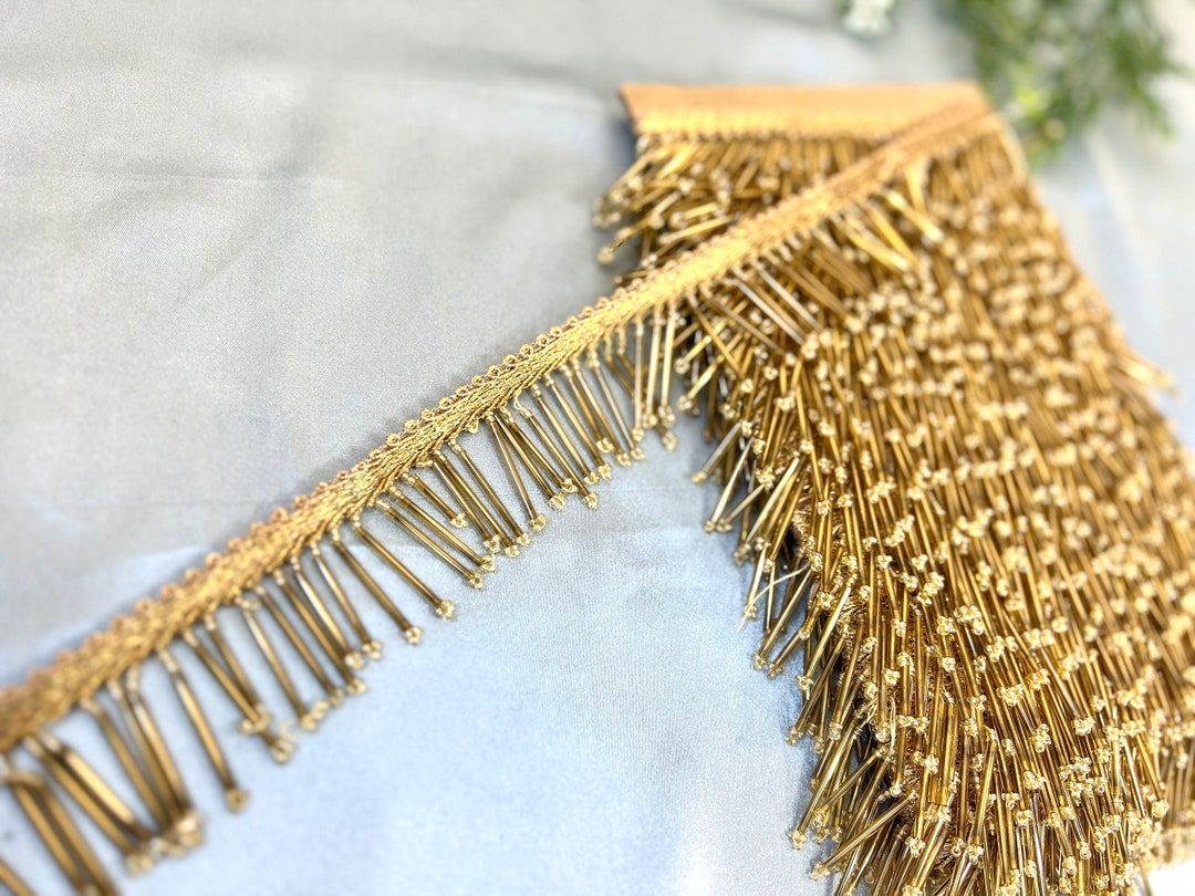 Gold and White Beaded Indian Tassel Lace Trim, Gold Beaded Trim, Beaded ...