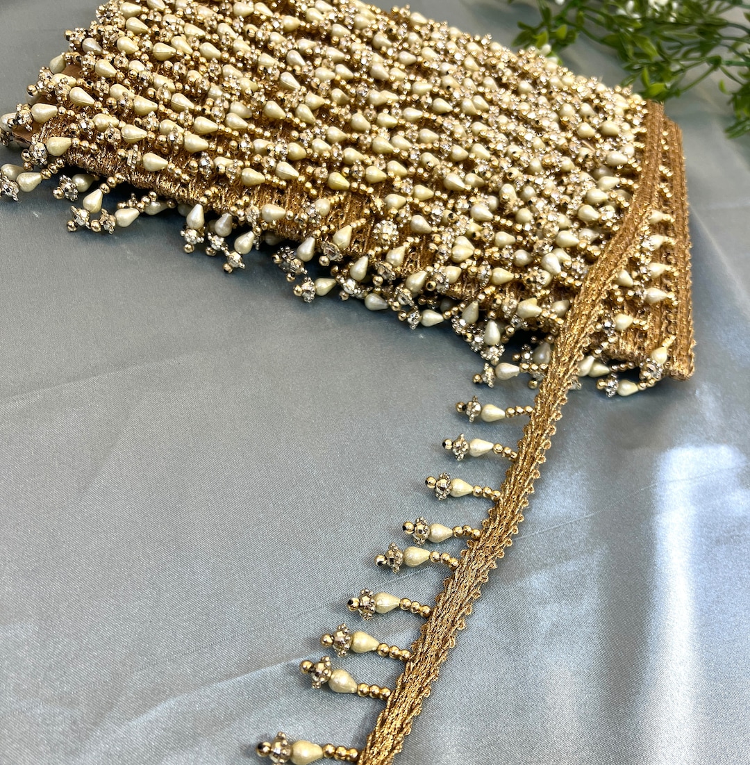 Gold and White Beaded Indian Tassel Lace Trim, Gold Beaded Trim, Beaded ...