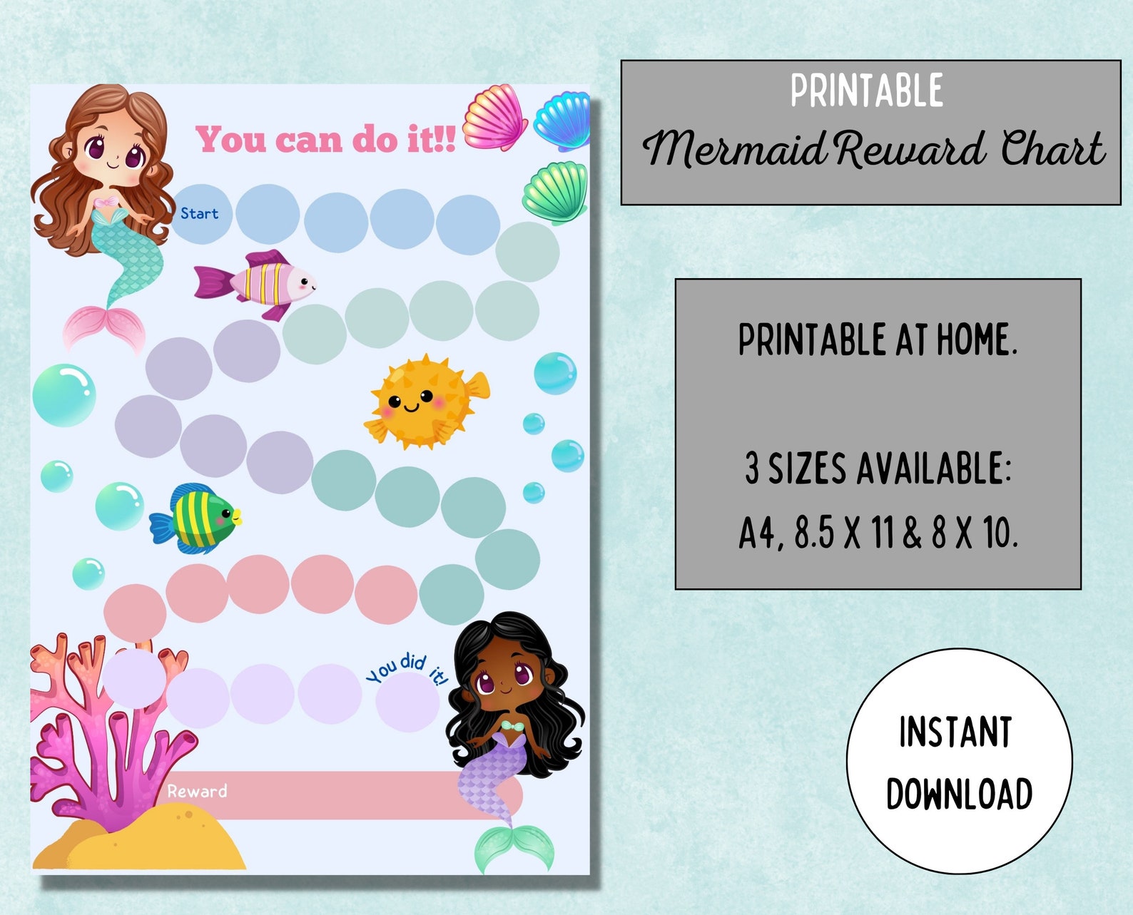Printable Mermaid Reward Chart, Daily Chore Chart, Star Chart, Under ...