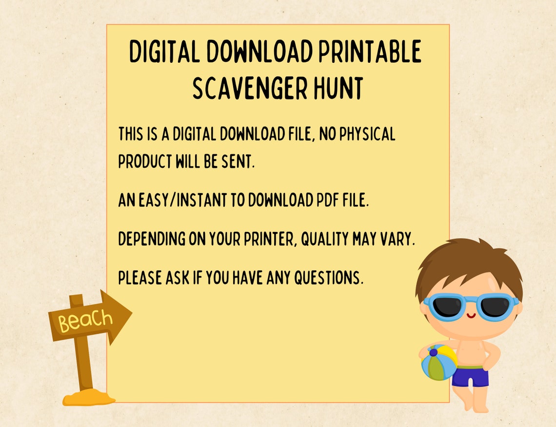 Printable Beach Scavenger Hunt: Summer Kids Activity (digital Download ...