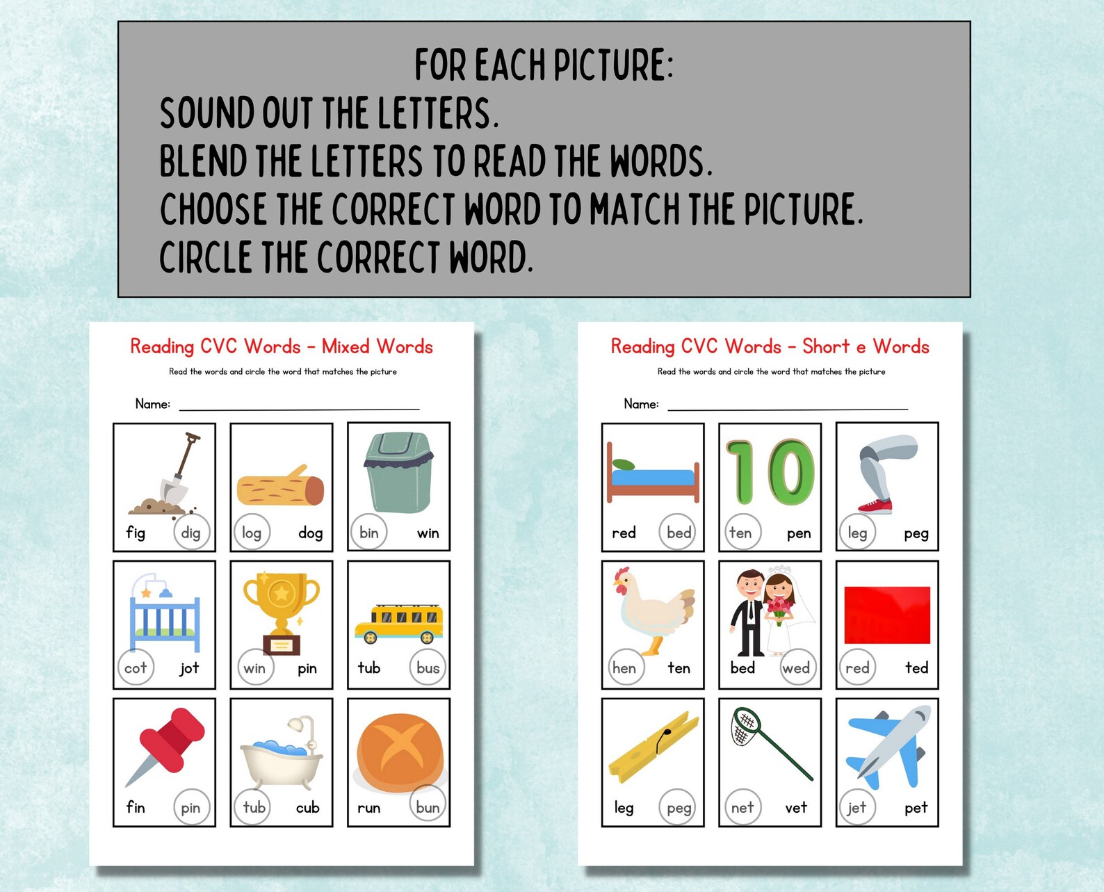 CVC Printable, CVC Worksheets, CVC Word Picture Cards, Learn to Read ...
