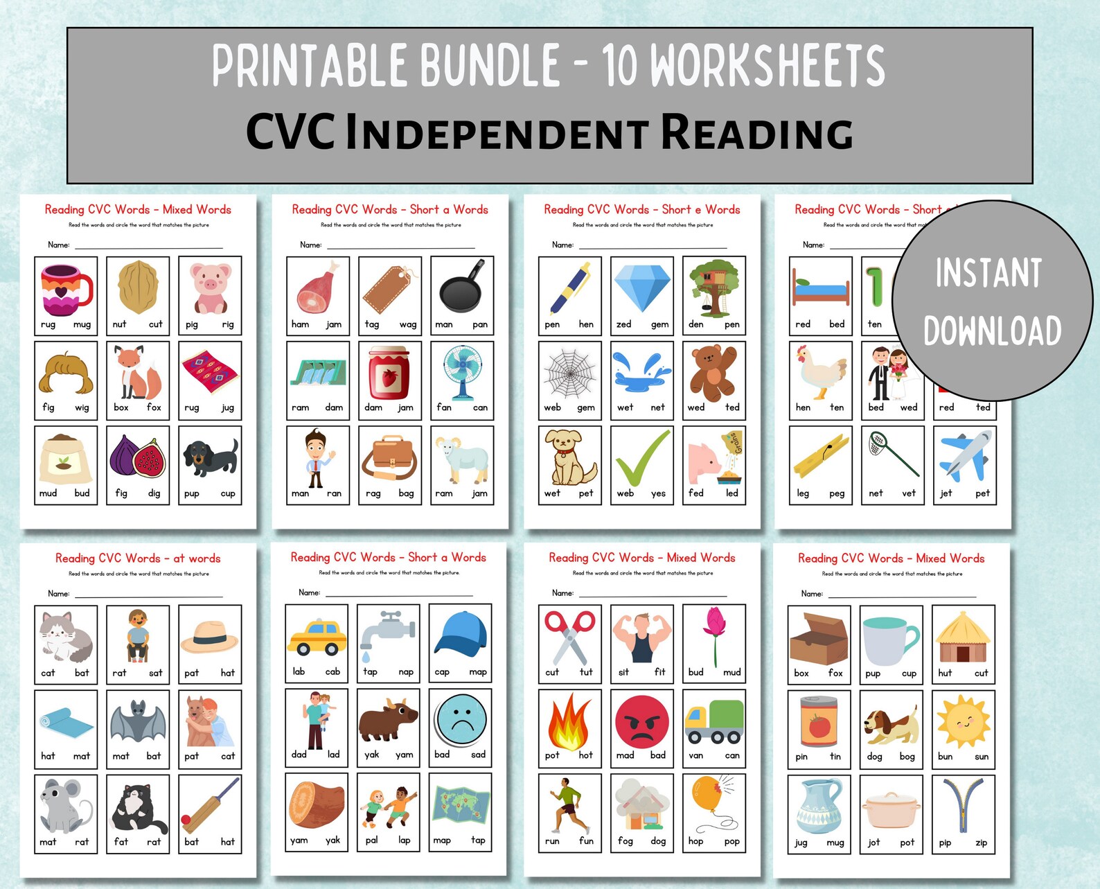 CVC Printable, CVC Worksheets, CVC Word Picture Cards, Learn to Read ...