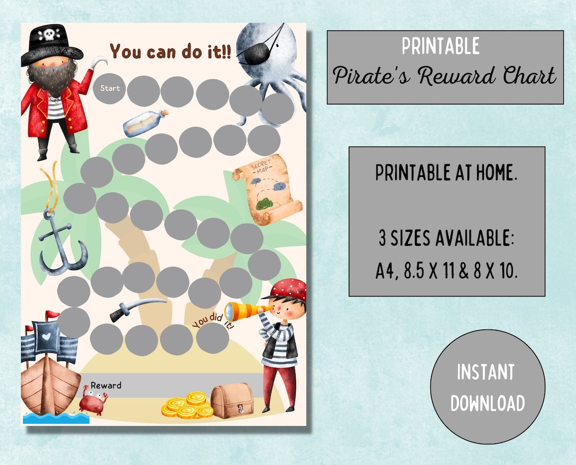 Kids Pirate Reward Chart Sticker Chart Printable Instant - Etsy