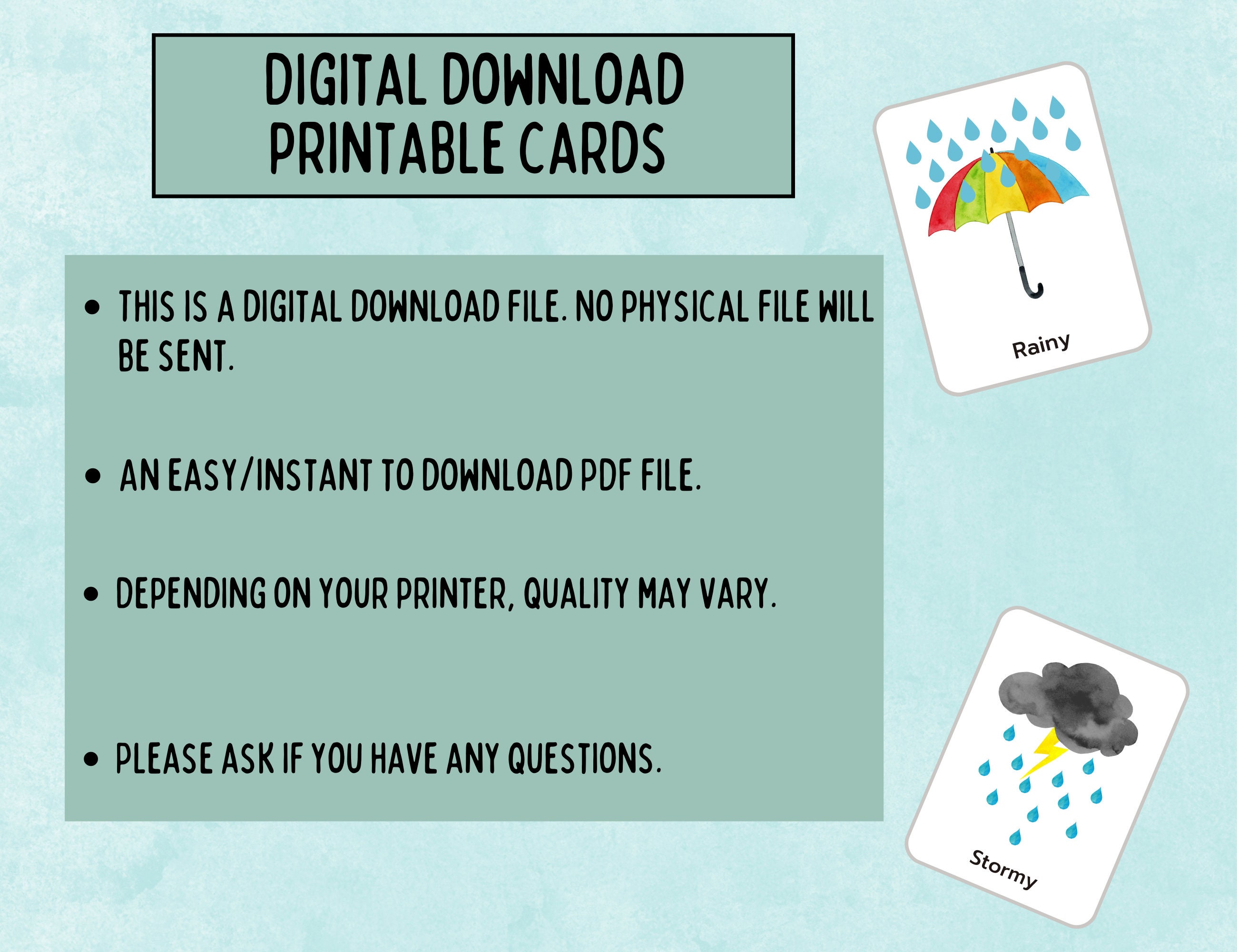 Weather Flash Cards: 14 Printable Cards, Homeschool & Preschool (PDF ...