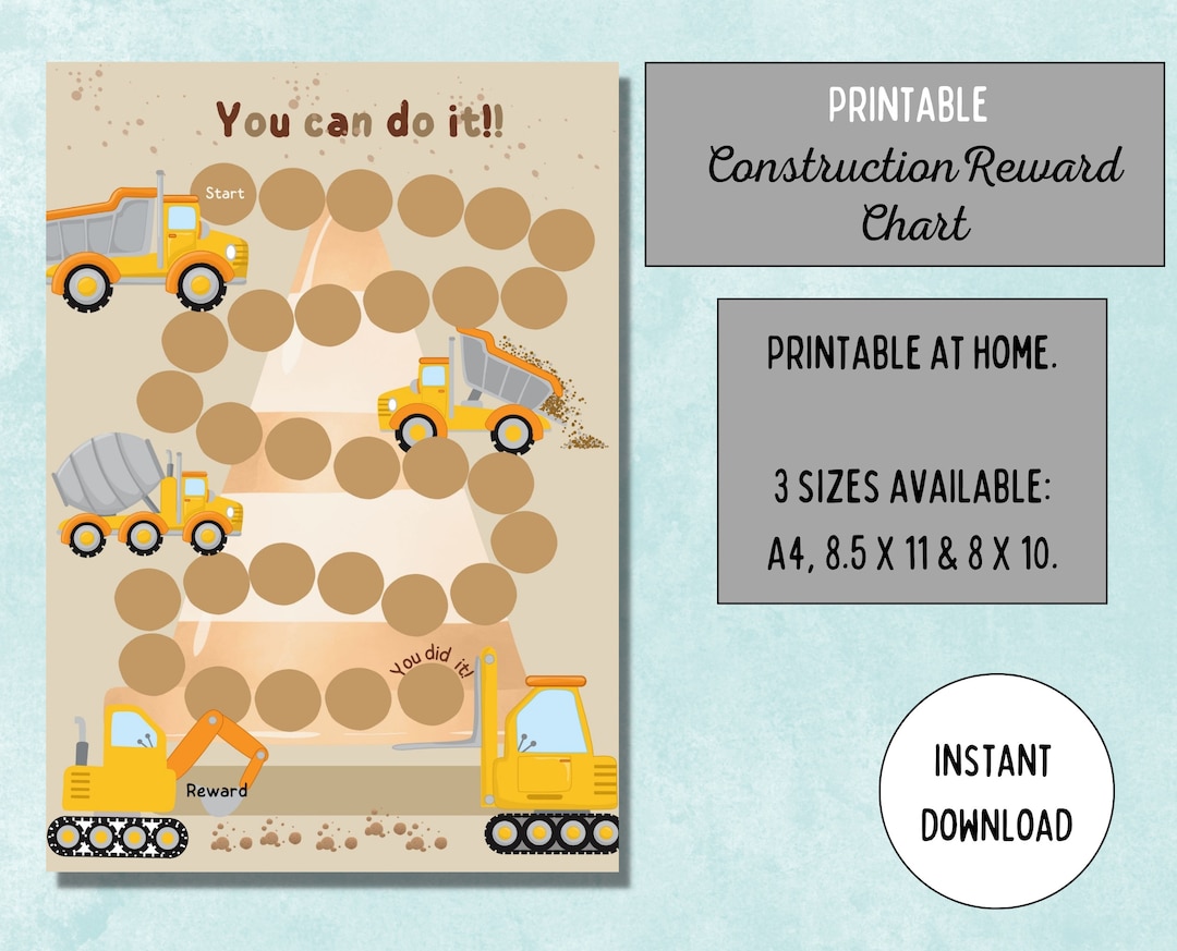 Printable Construction Reward Chart, Digger Sticker Chart, Truck Chore ...