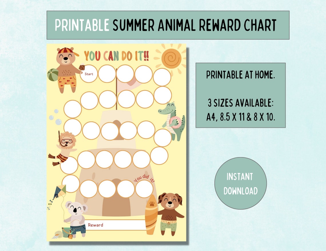 Summer Reward Chart for Kids Printable, Beach Sticker Chart Printable ...