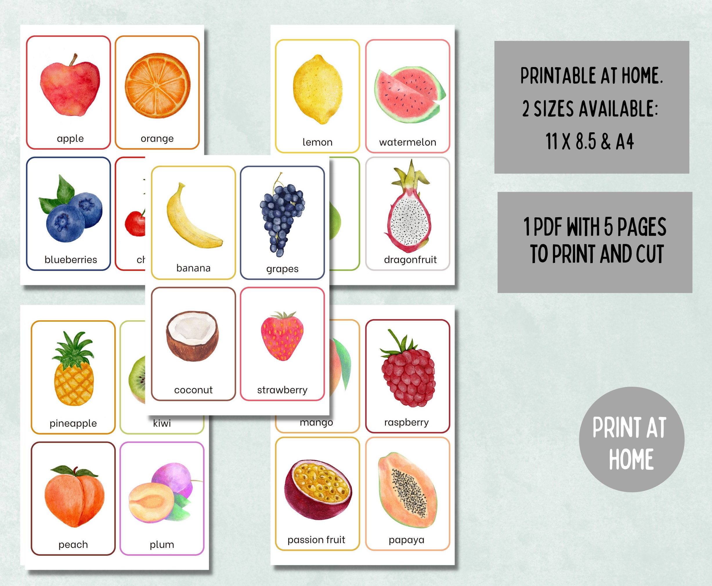 Fruit Flashcards Printable, Printable Flashcards Kids, Preschool ...