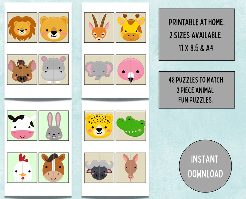 Animal Matching Card Game Printable,2 Piece Puzzles Preschool, Animal ...