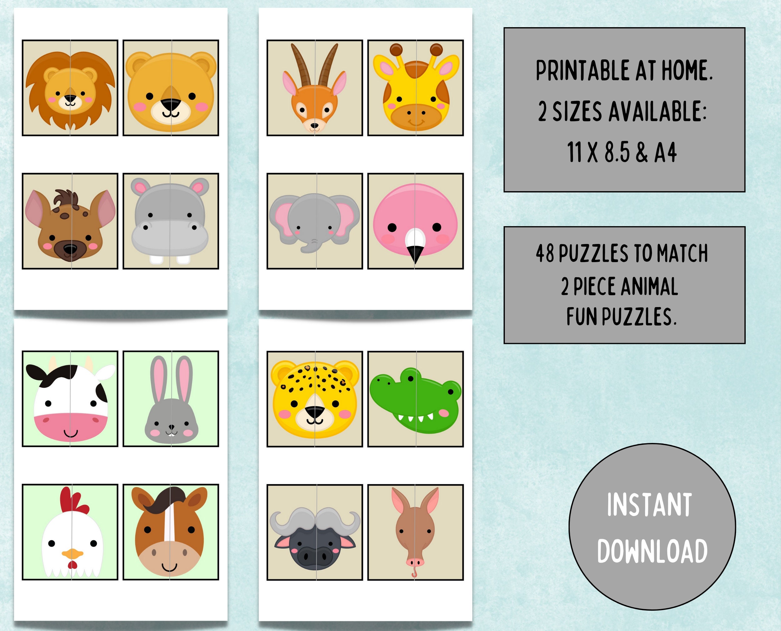 Animal Matching Card Game Printable,2 Piece Puzzles Preschool, Animal ...