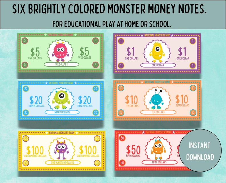 Printable Monster Play Money: Kids Role Play, Homeschool (digital ...