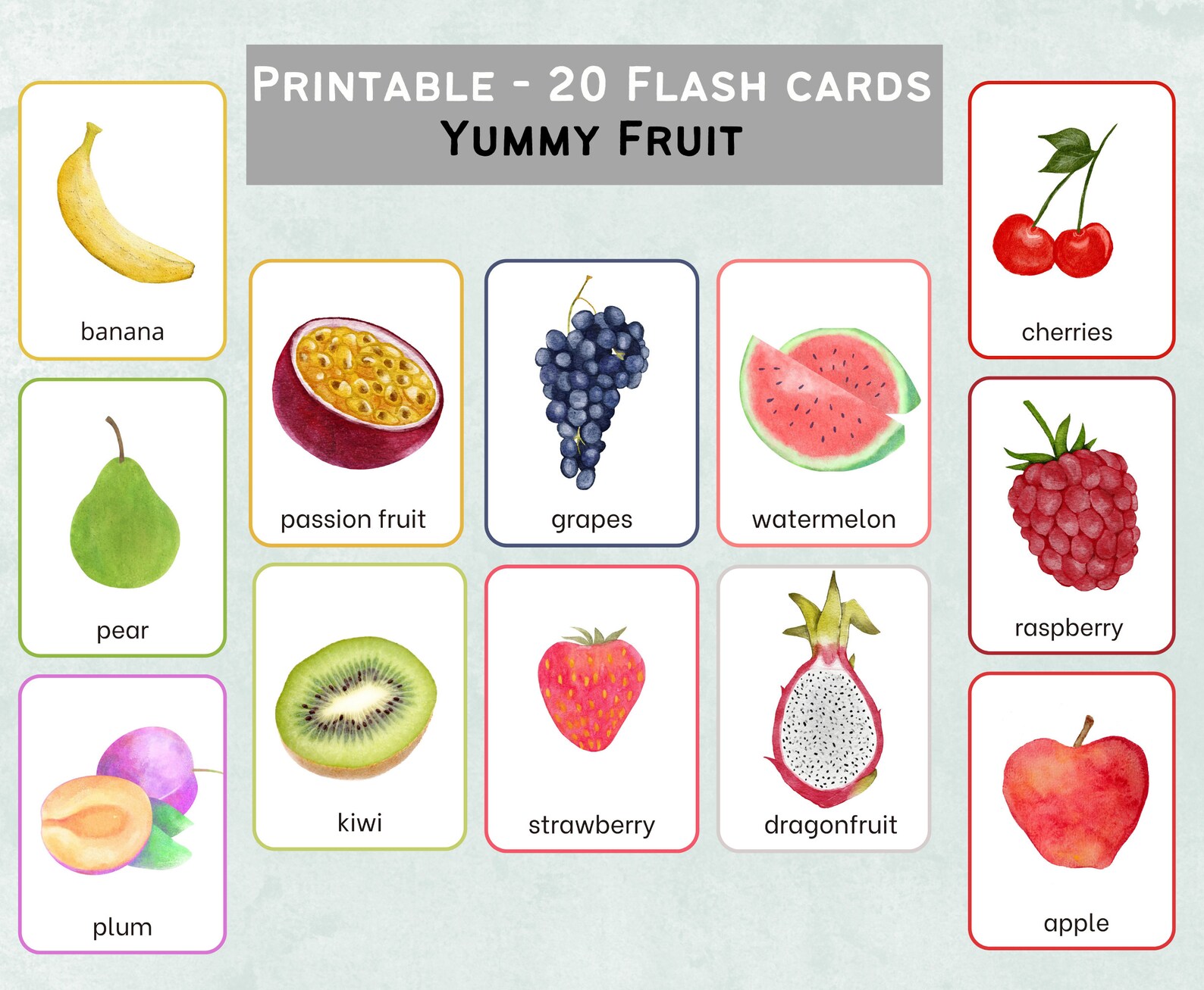 Fruit Flashcards Printable, Printable Flashcards Kids, Preschool ...