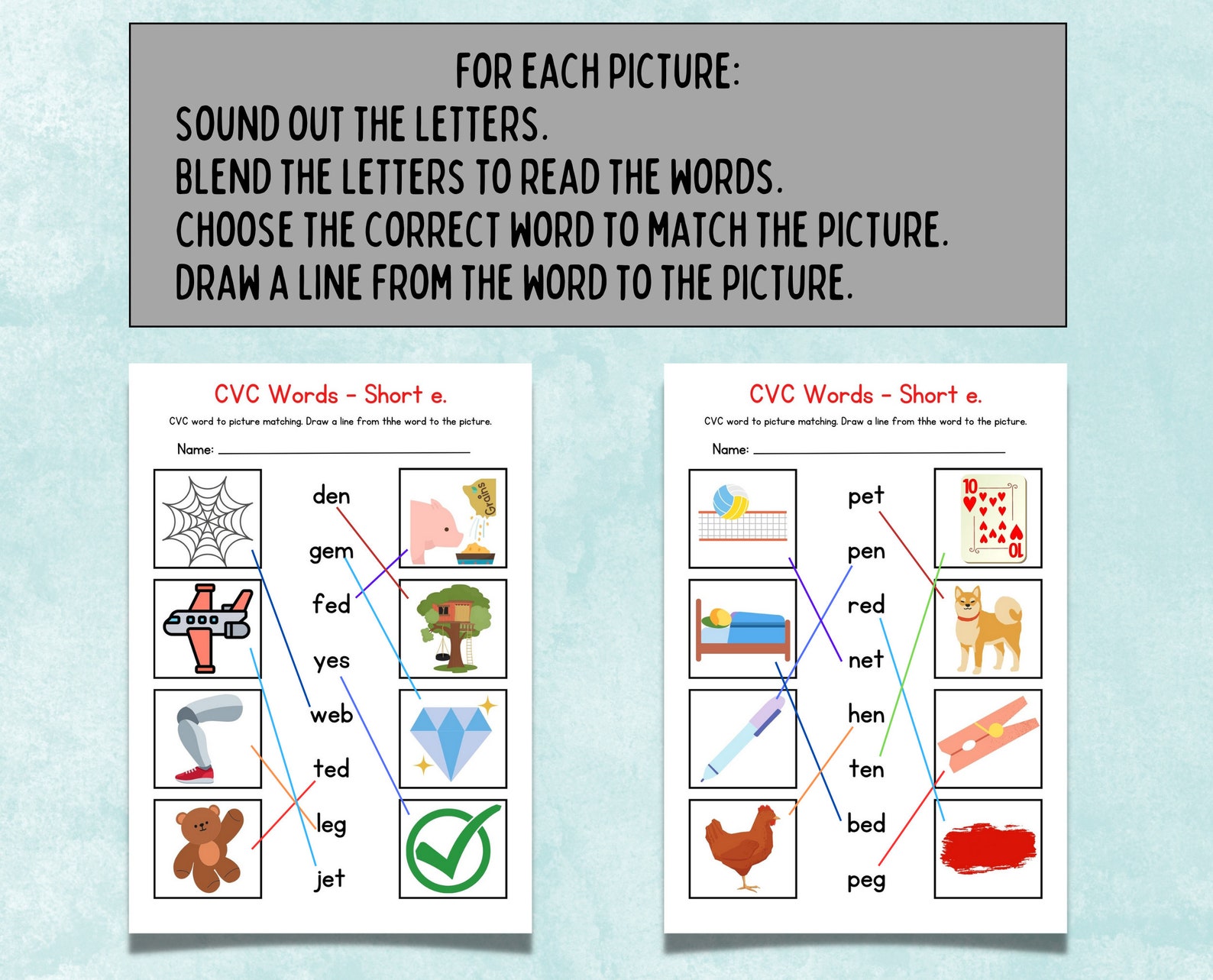 CVC Word Picture Matching Worksheets: Phonics Reading (digital Download ...