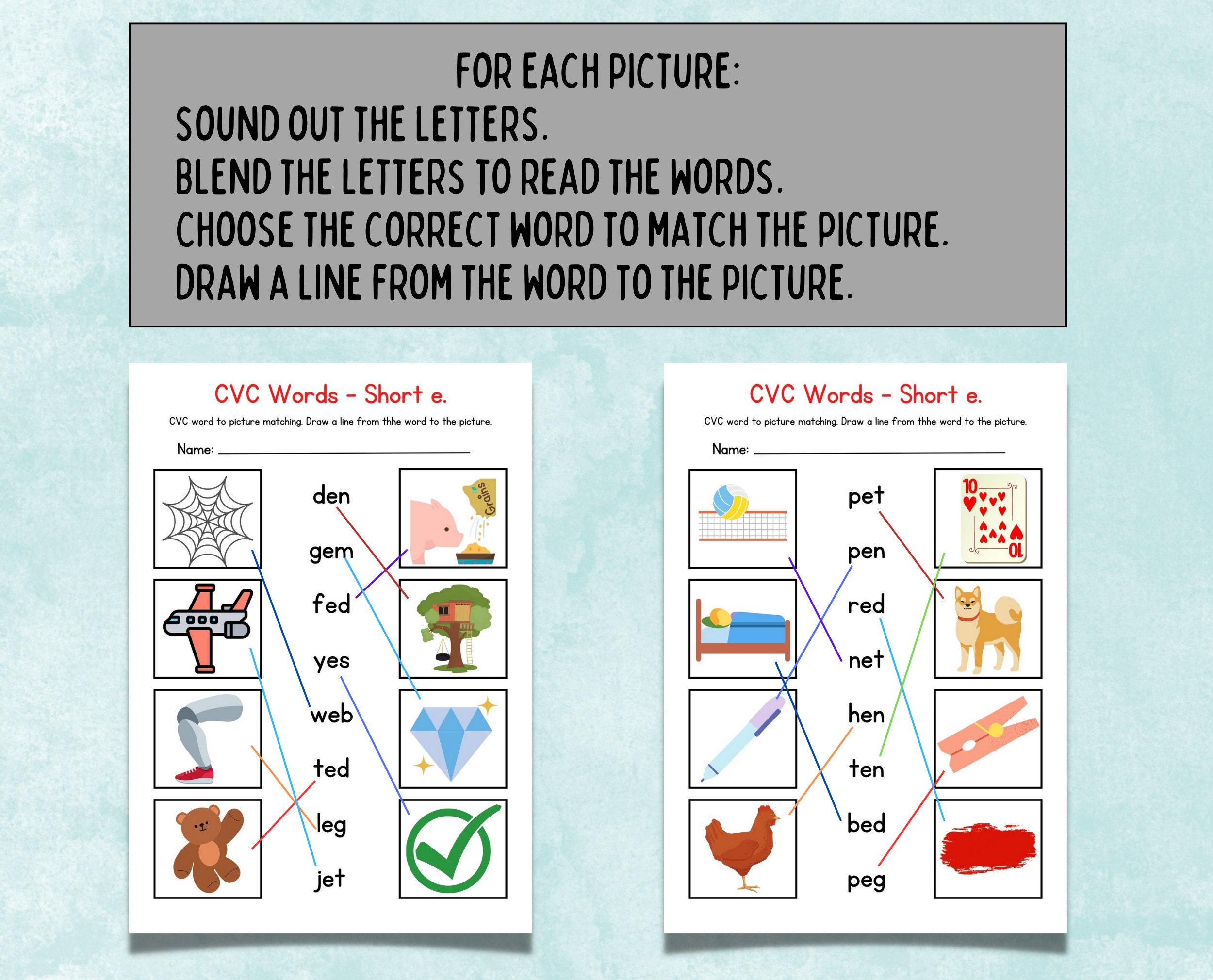 CVC Word Picture Matching Worksheets: Phonics Reading (digital Download ...