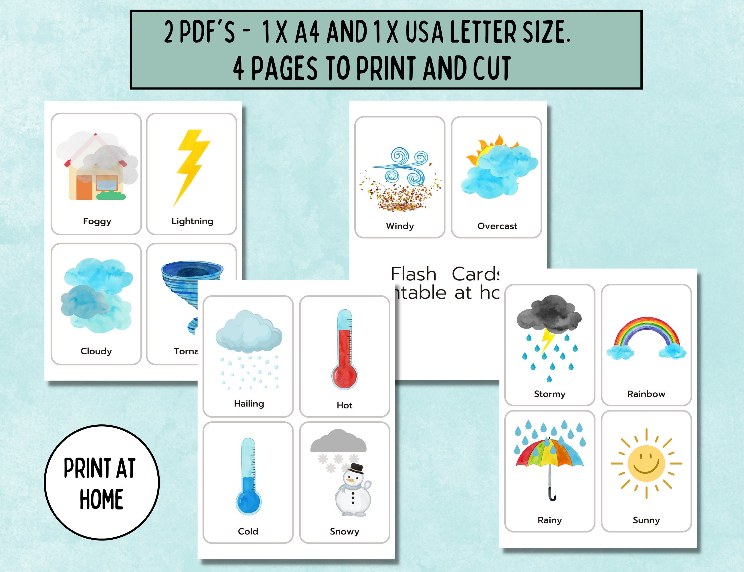 Weather Flash Cards: 14 Printable Cards, Homeschool & Preschool (PDF ...
