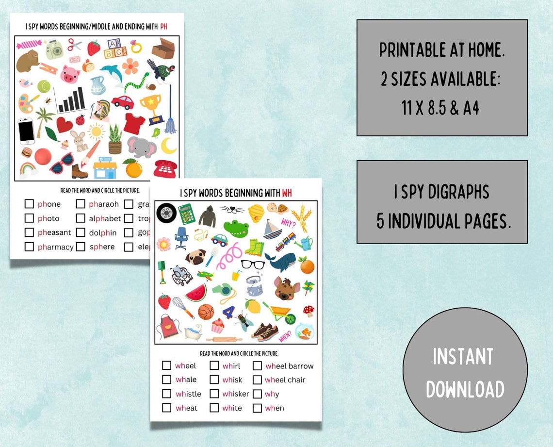Digraph Printable I Spy Game,digraph Worksheets,learn to Read,phonics ...