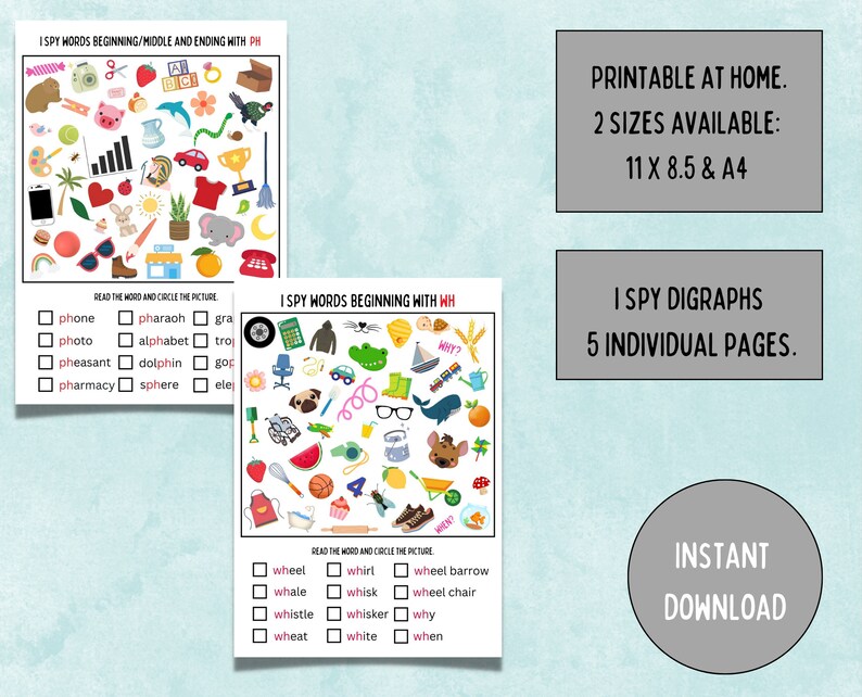 Digraph Printable I Spy Game,digraph Worksheets,learn to Read,phonics ...