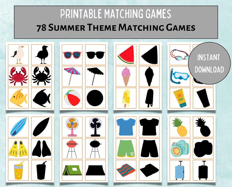 Summer Matching Game Printable, Preschool Shadow Matching, Homeschool ...