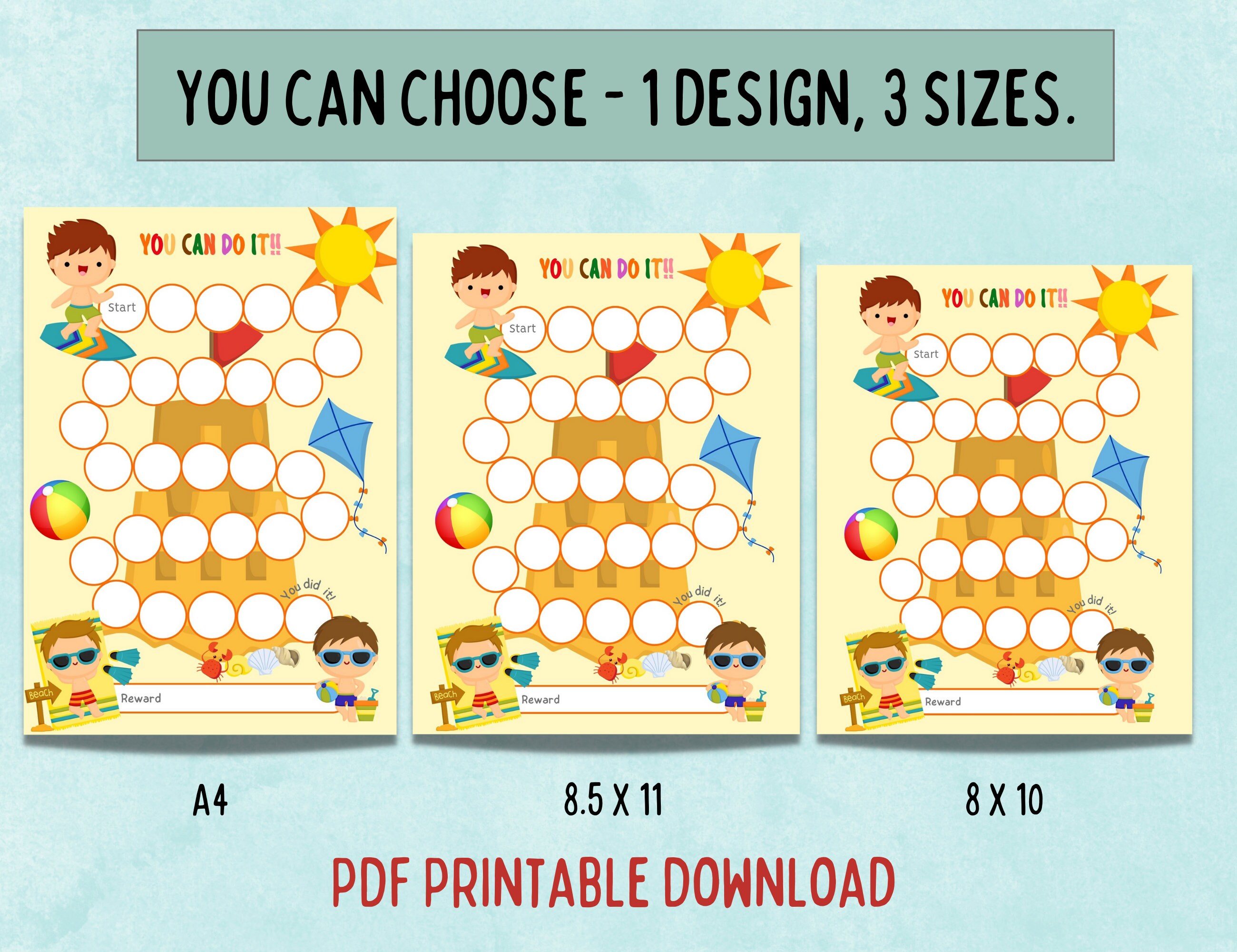 Summer Reward Chart for Kids Printable, Boys Sticker Chart Printable ...