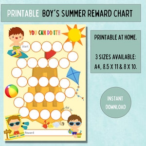 Summer Reward Chart for Kids Printable, Boys Sticker Chart Printable ...