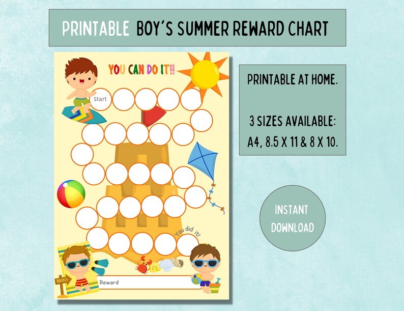 Summer Reward Chart for Kids Printable, Boys Sticker Chart Printable ...