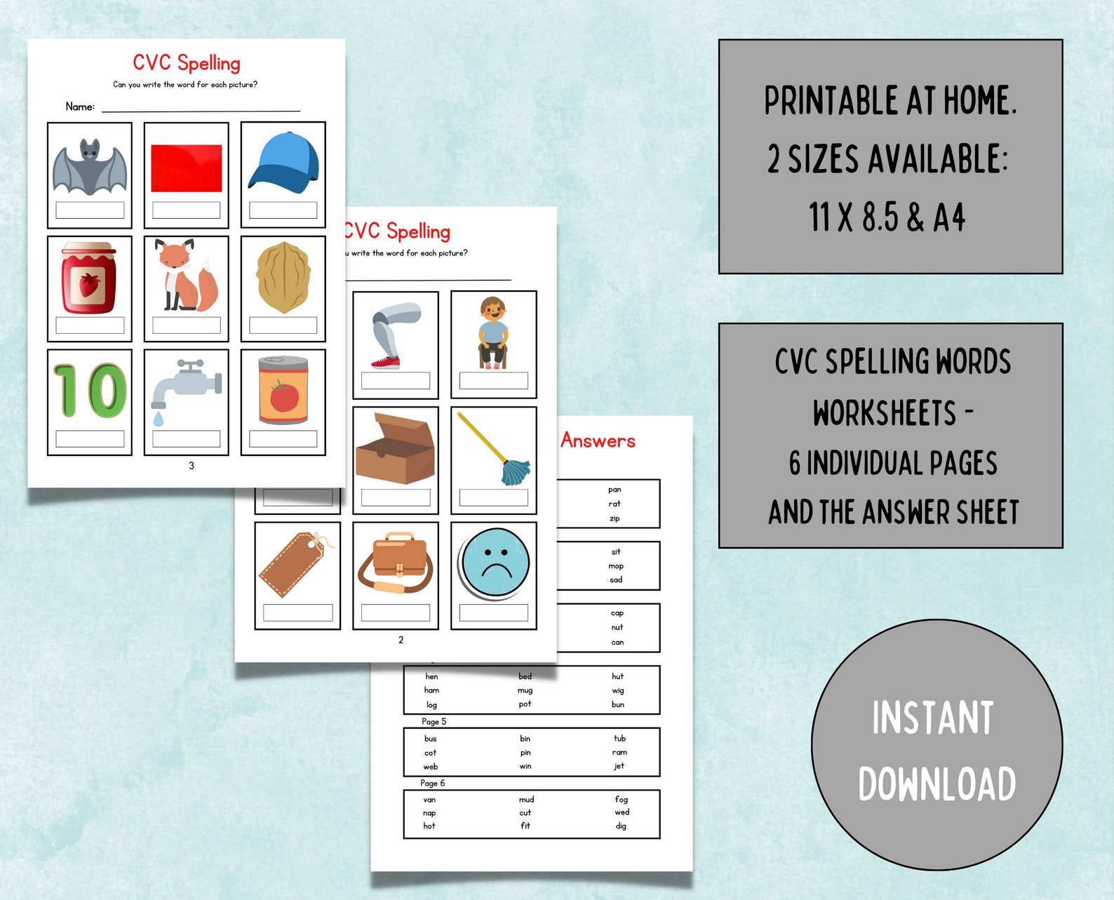 CVC Word Picture Cards: Phonics Worksheets, Learn to Read (digital ...