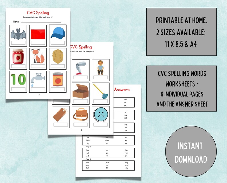 CVC Word Picture Cards: Phonics Worksheets, Learn to Read (digital ...