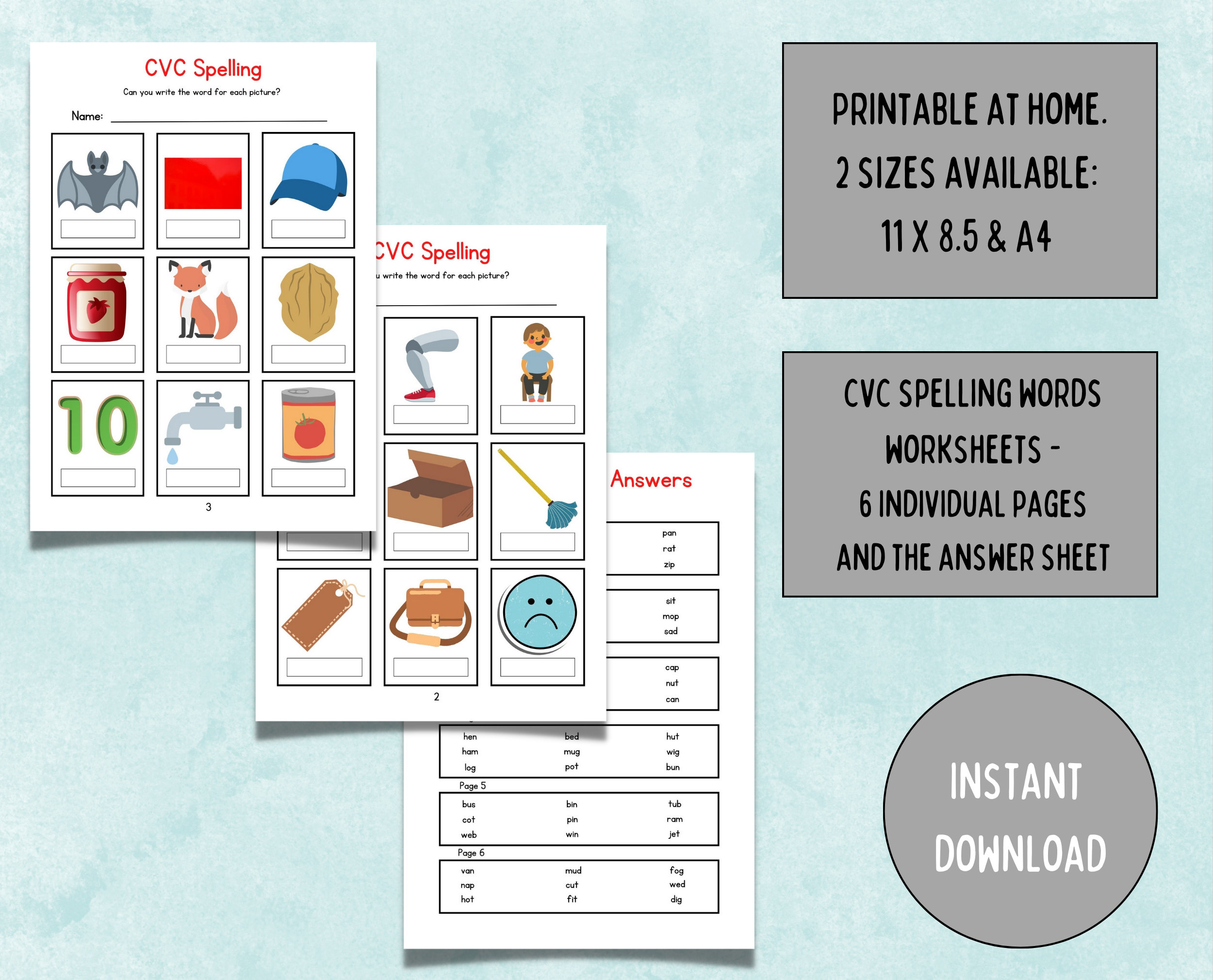 CVC Word Picture Cards: Phonics Worksheets, Learn to Read (digital ...