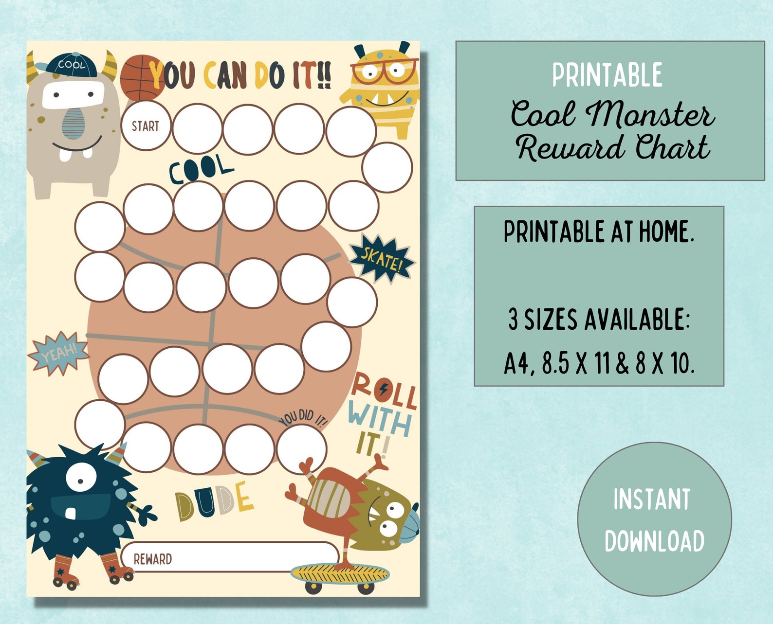 Printable Monster Reward Chart,daily Chore Chart,reward Chart Boys ...