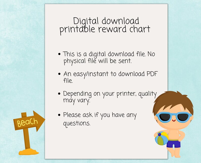 Summer Reward Chart for Kids Printable Boys Sticker Chart - Etsy