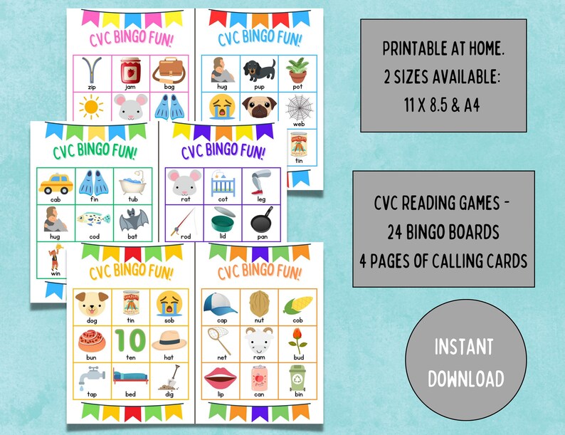 CVC Bingo Printable Game, CVC Worksheets, Learn to Read, Fun CVC ...