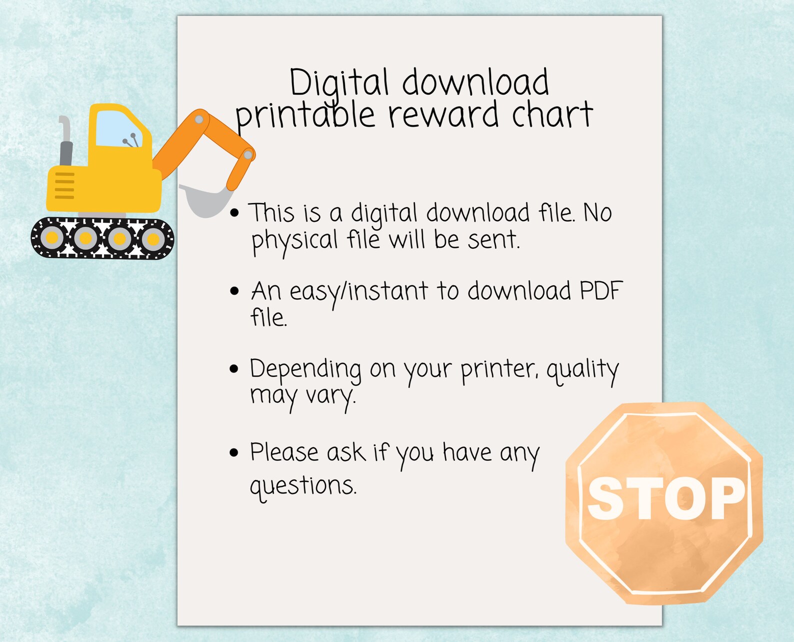 Printable Construction Reward Chart, Digger Sticker Chart, Instant ...