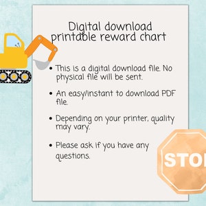 Printable Construction Reward Chart, Digger Sticker Chart, Truck Chore ...