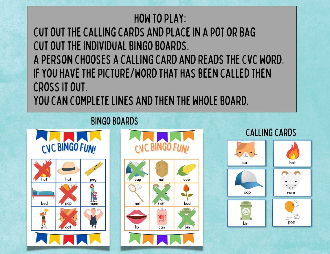 CVC Bingo Printable Game, CVC Worksheets, Learn to Read, Fun CVC ...