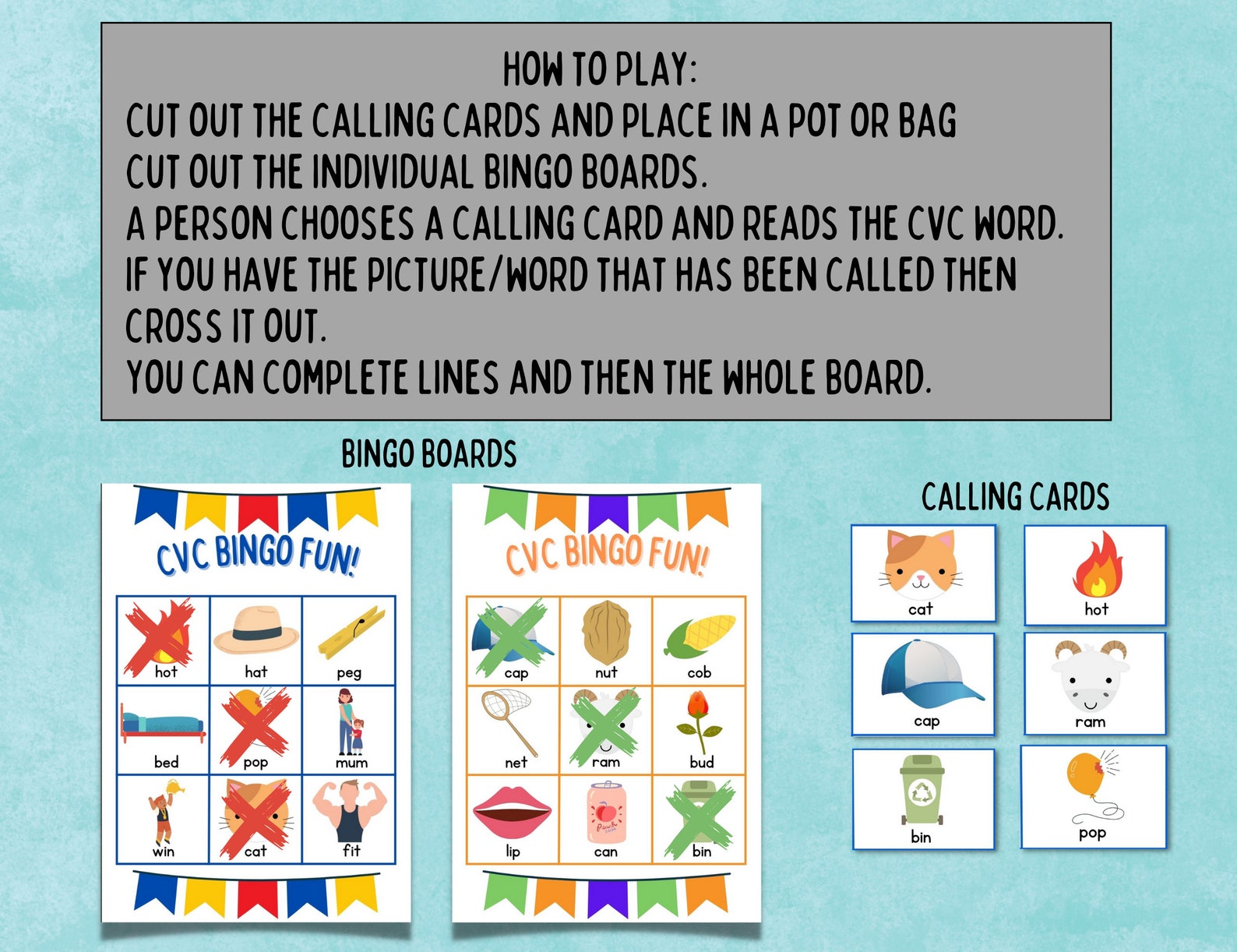 CVC Bingo Printable Game, CVC Worksheets, Learn to Read, Fun CVC ...