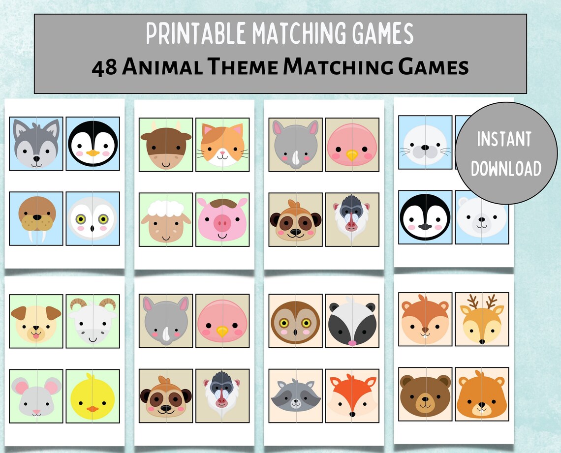 Animal Matching Card Game Printable,2 Piece Puzzles Preschool, Animal ...