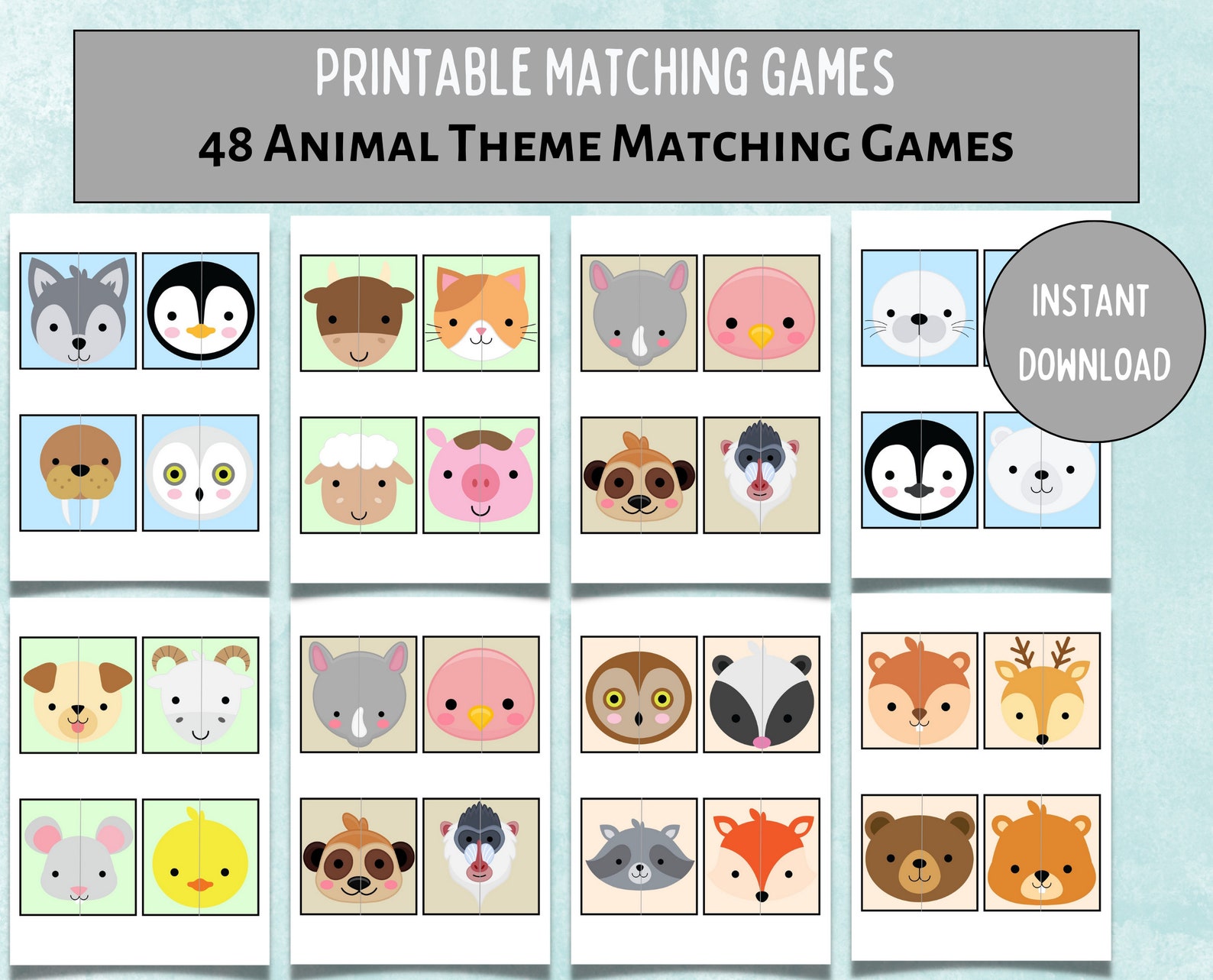 Animal Matching Card Game Printable,2 Piece Puzzles Preschool, Animal ...