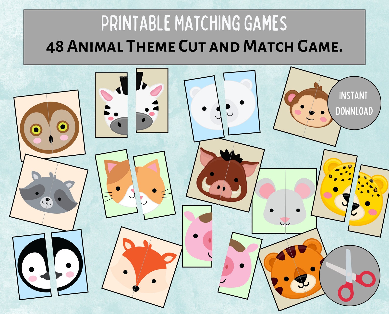 Animal Matching Card Game Printable,2 Piece Puzzles Preschool, Animal ...