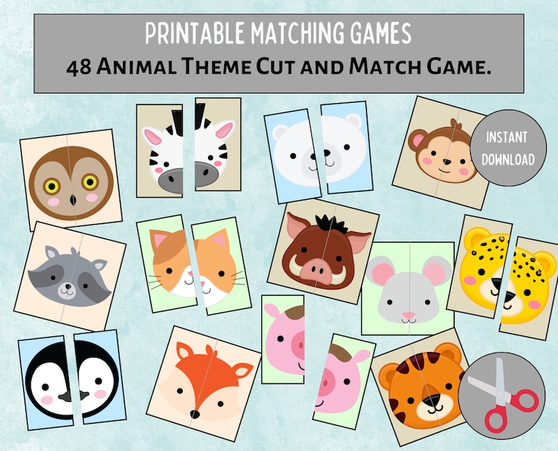 Animal Matching Card Game Printable,2 Piece Puzzles Preschool, Animal ...