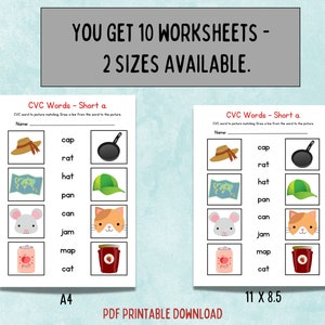 CVC Word Picture Matching Worksheets: Phonics Reading (digital Download ...