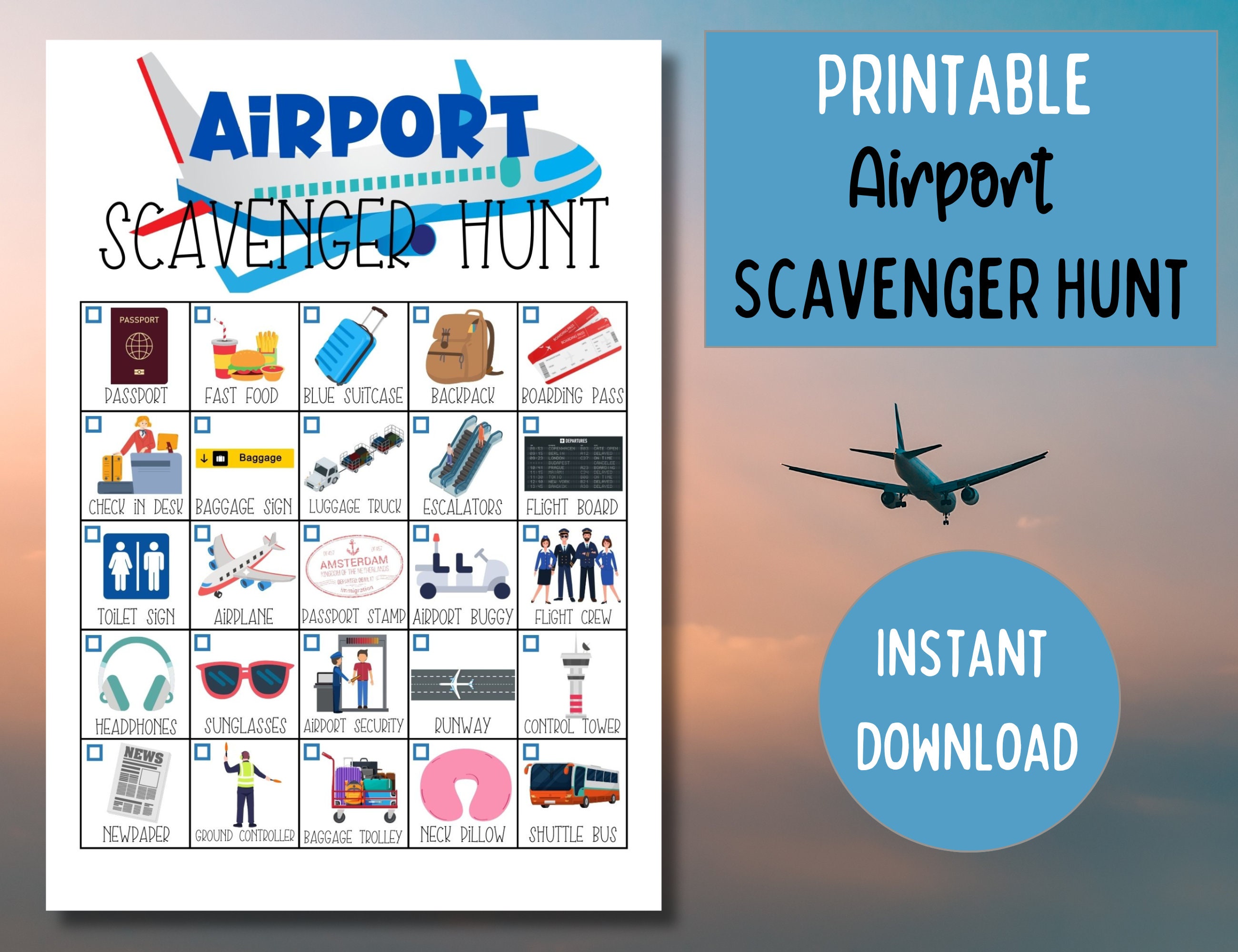 Printable Airport Scavenger Hunt Kids,travel Look and Find, Airplane ...