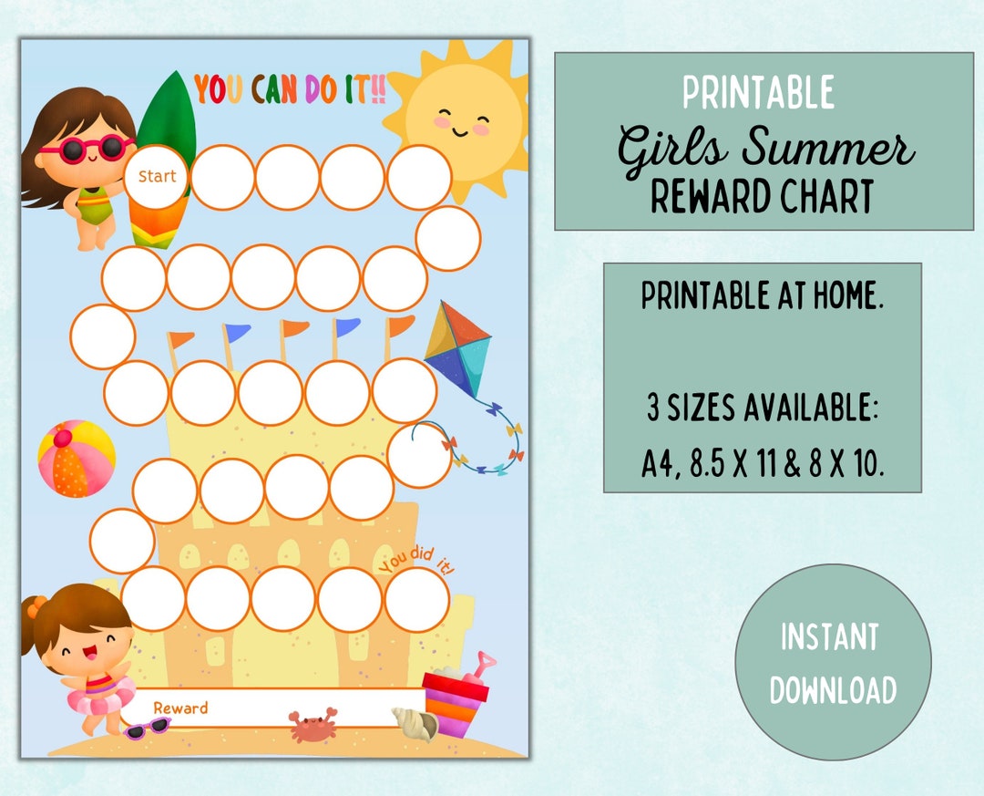 Summer Reward Chart for Kids Printable, Girls Sticker Chart Printable ...