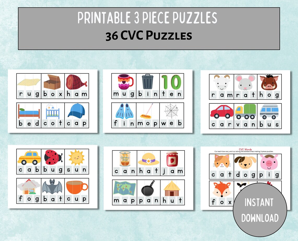 CVC Printable Word Puzzles, Preschool Worksheets, Homeschool CVC ...
