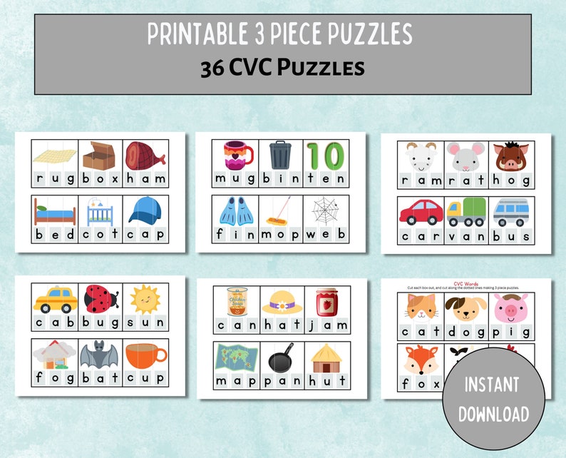 CVC Printable Word Puzzles, Preschool Worksheets, Homeschool CVC ...