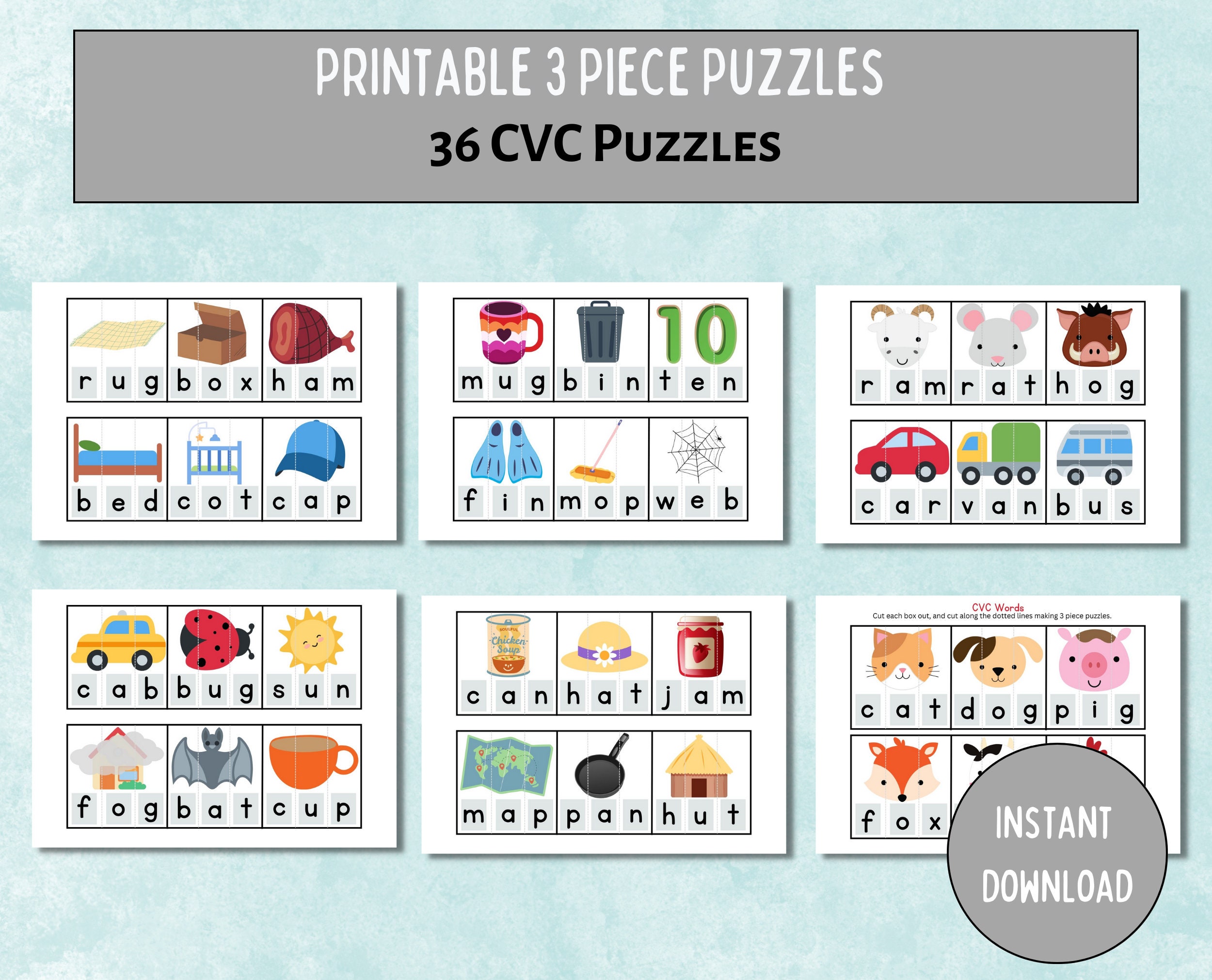 CVC Printable Word Puzzles, Preschool Worksheets, Homeschool CVC ...