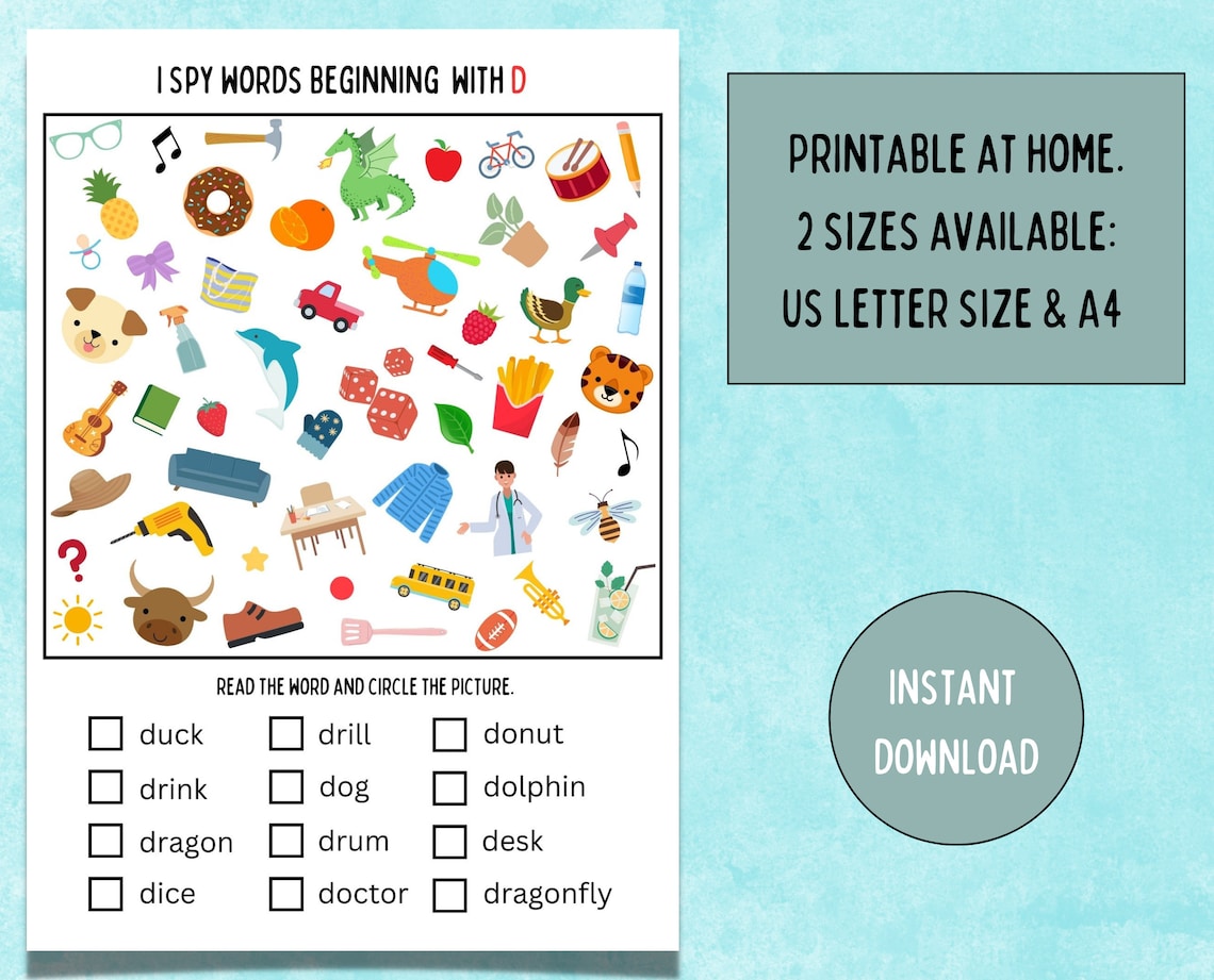 I Spy Words Beginning With D Printable, Initial Sounds Worksheet, Learn ...